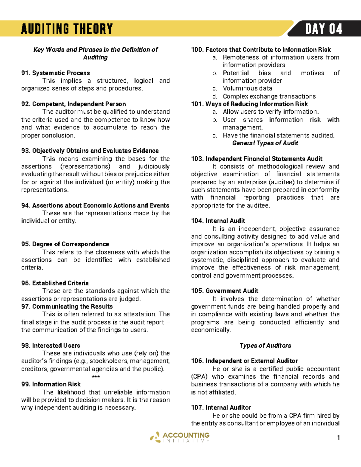 Auditing Theory - Day 04 - Auditing theory day 04 1 Key Words and ...