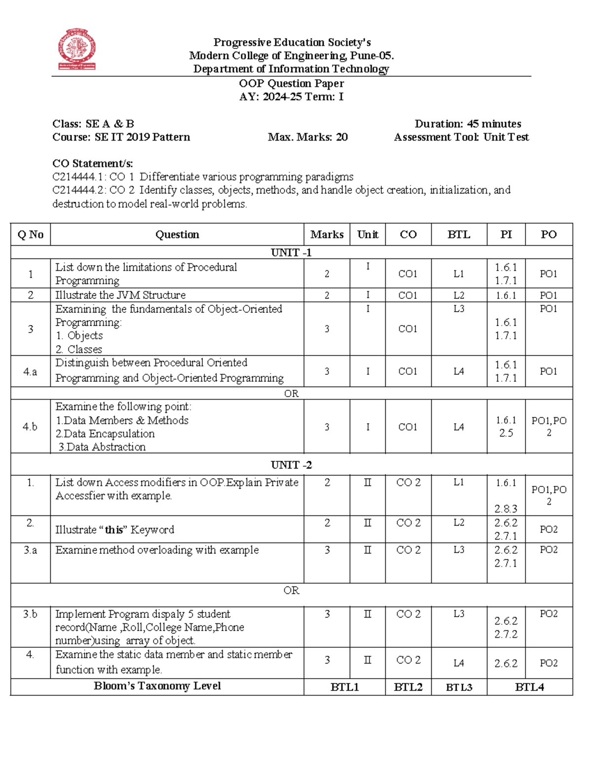 OOP Unit Test 1 QP 2024-25 Sem I - Progressive Education Society's ...