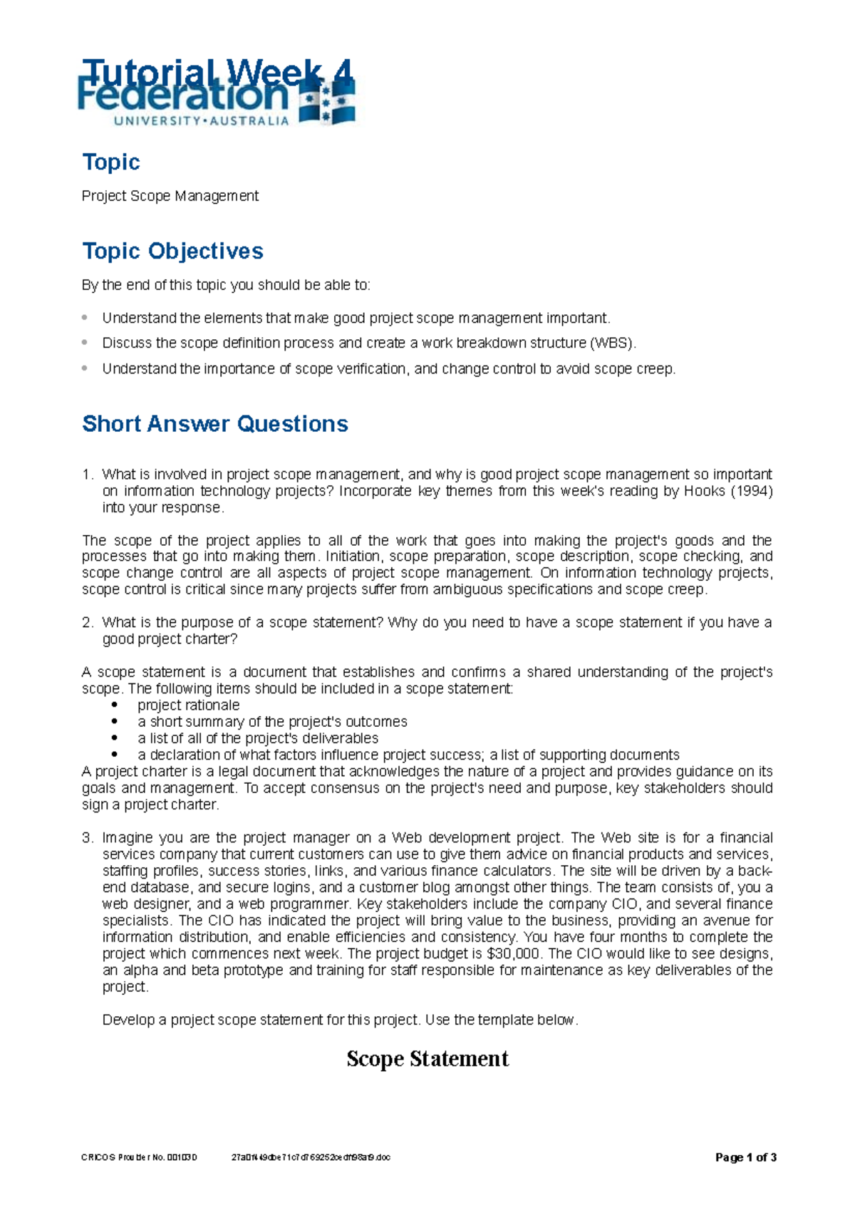 04 tutorial - gluck - Tutorial Week 4 Topic Project Scope Management Topic Objectives By the end ...