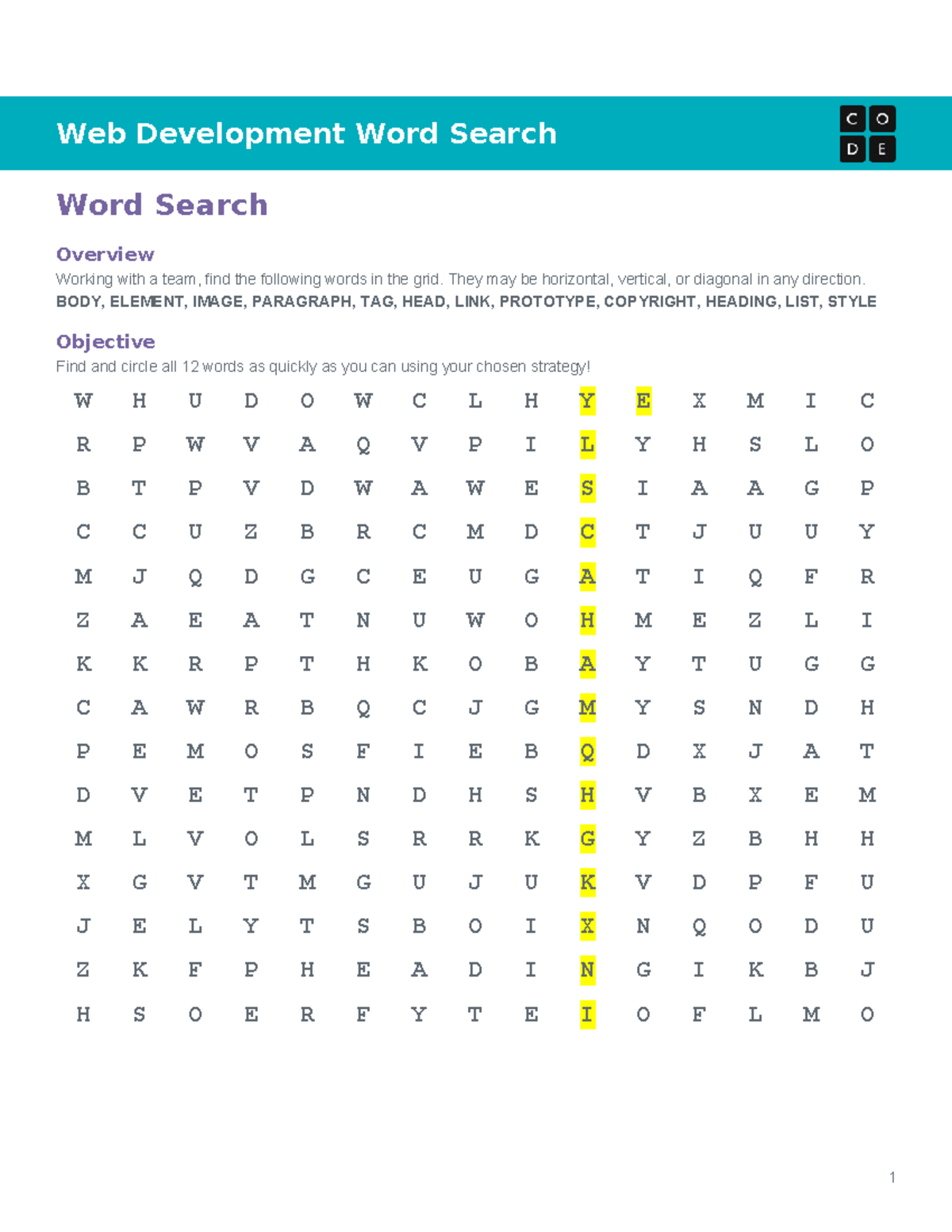 U2L01 Activity Guide - Word Search - Web Development Word Search Word ...