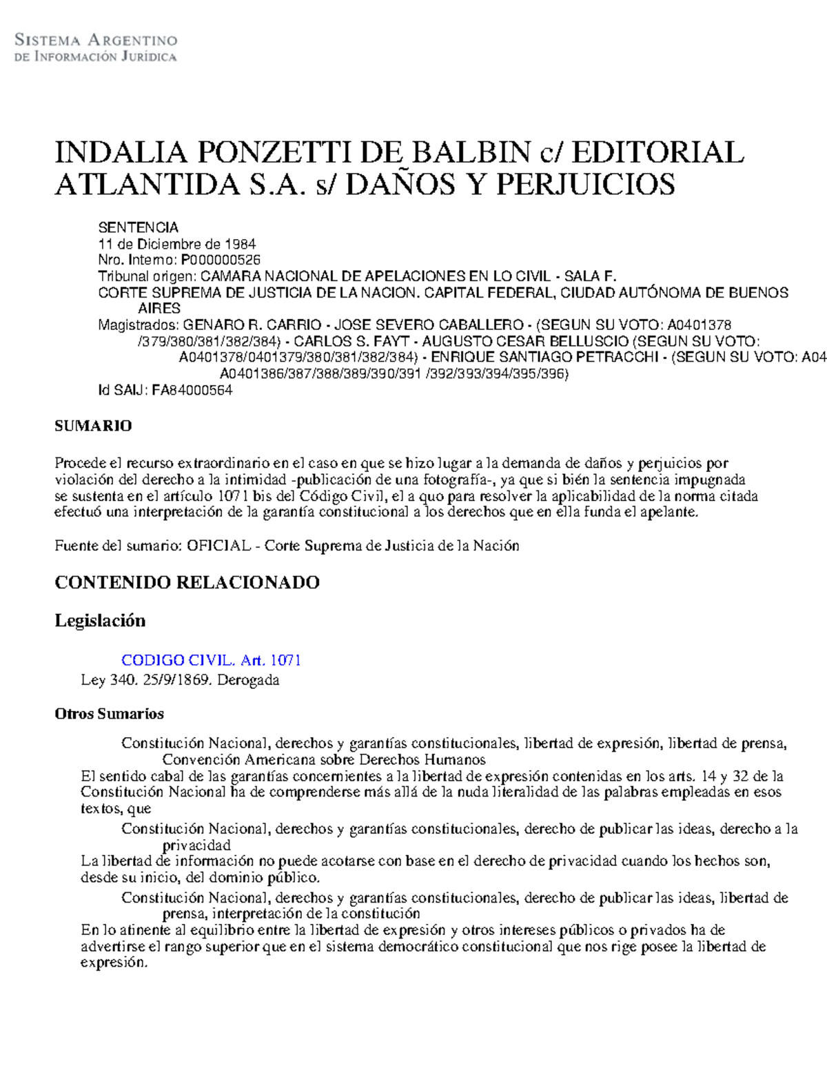 Indalia Ponzetti DE Balbin c Editorial Atlantida S.A. s Daños Y ...