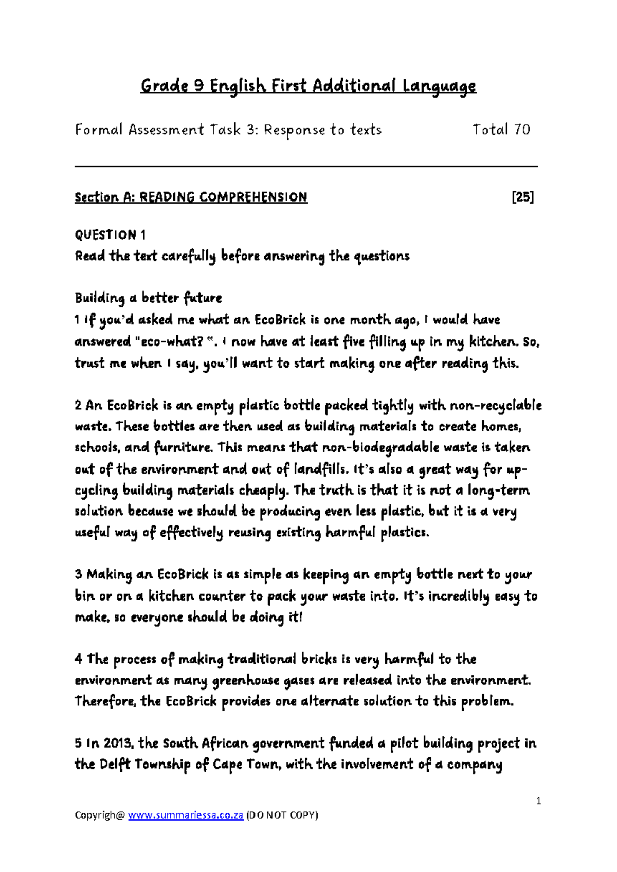 Graad 9 English First Additional Language Maart Toets en memo 2022 ...