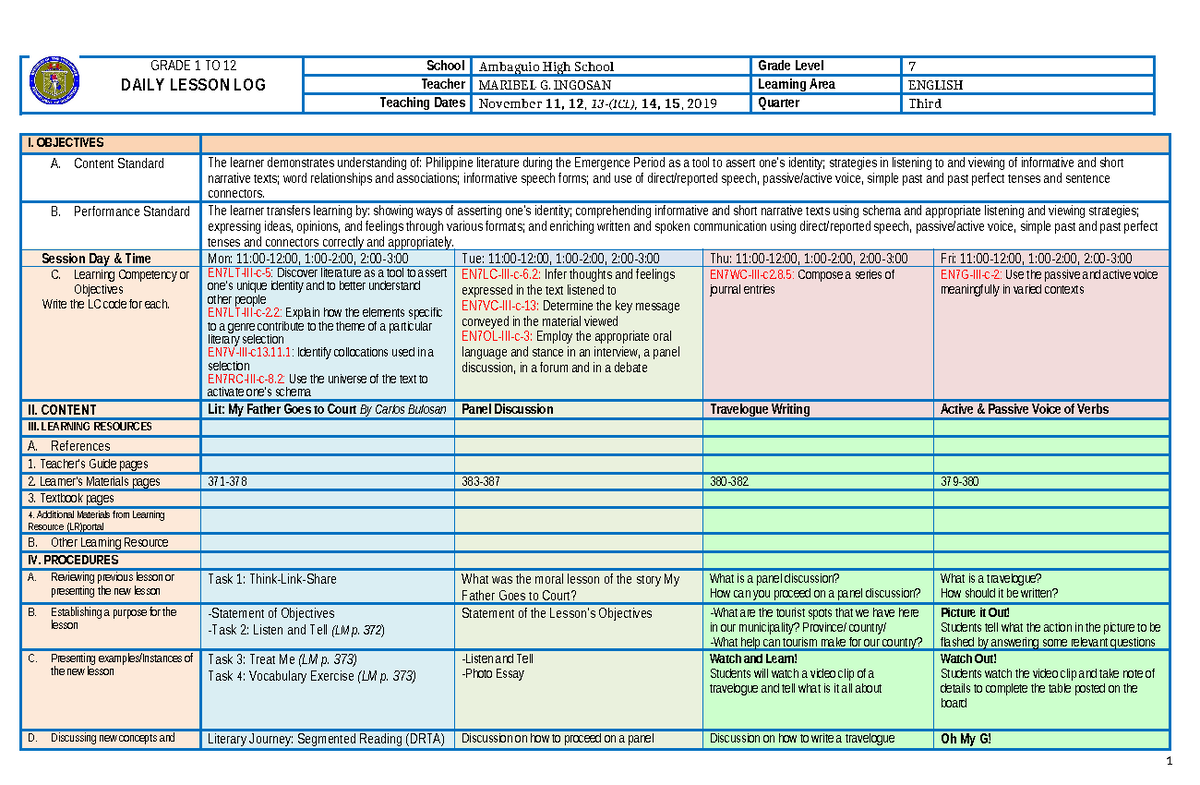Week 3 - weekly lesson plan for English 7 & 8 - GRADE 1 TO 12 DAILY ...