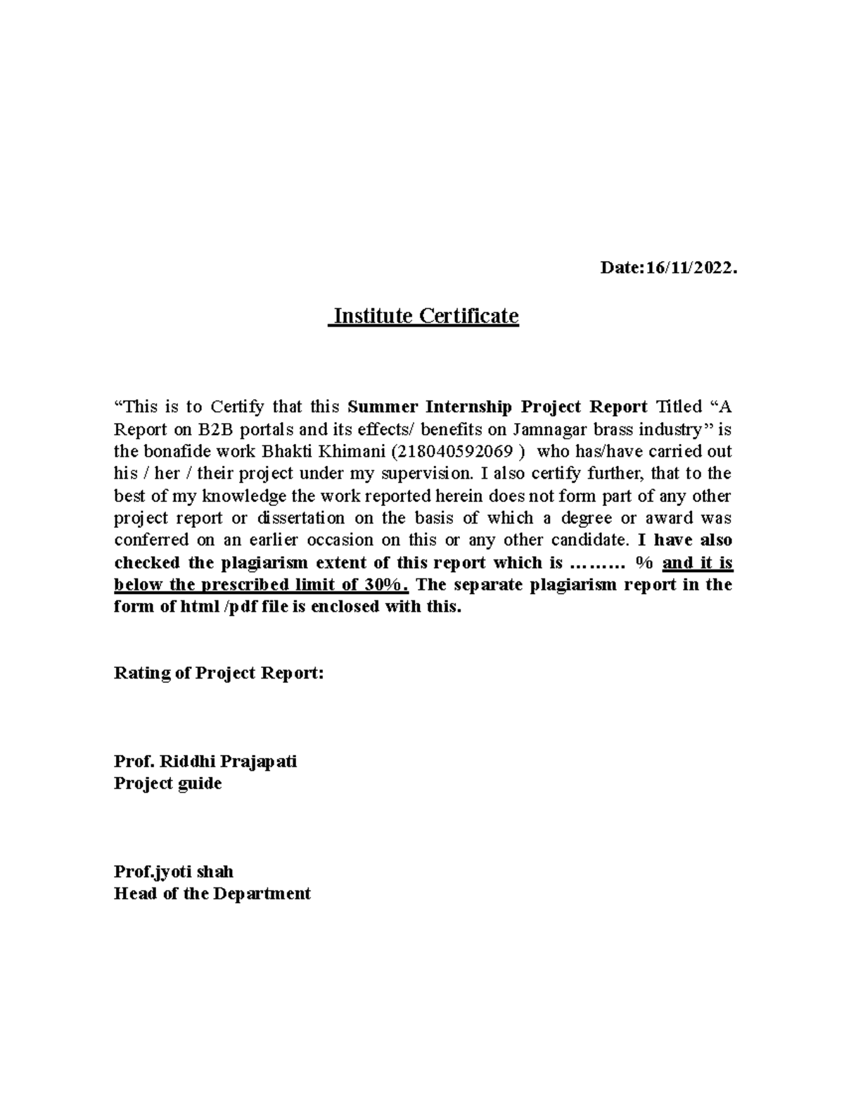 Sip certificate - Institute Certificate “This is to Certify that this ...