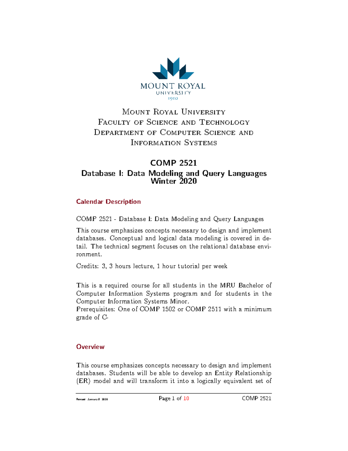 COMP 2521 Outline - Mount Royal University Faculty of Science and ...