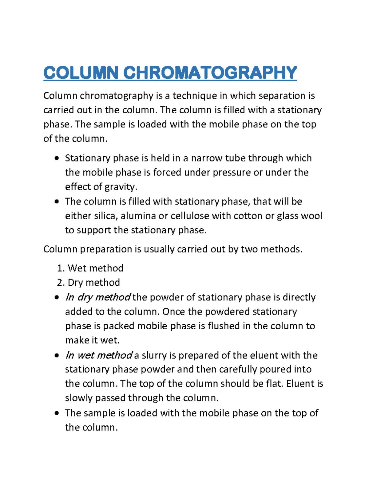 Column Chromatography - COLUMN CHROMATOGRAPHY Column chromatography is ...