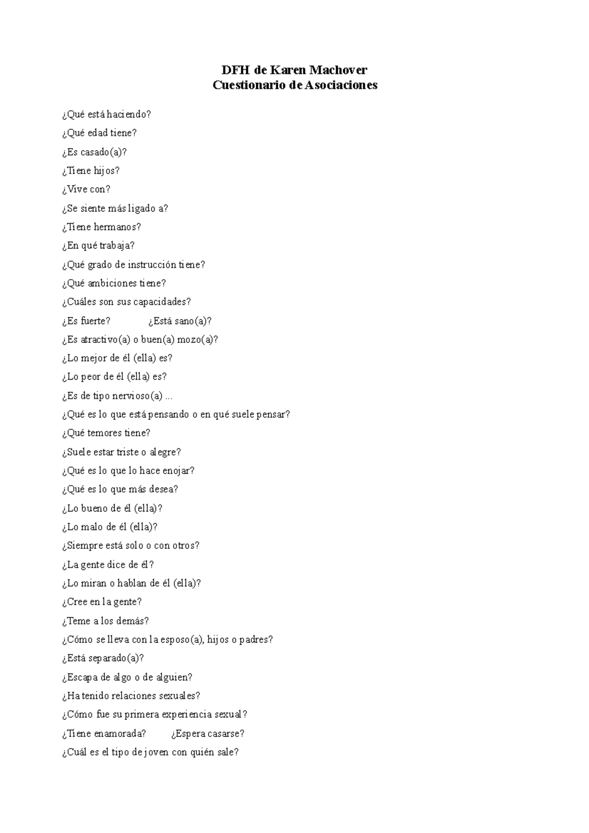 Preguntas - DFH de Karen Machover Cuestionario de Asociaciones ¿Qué ...