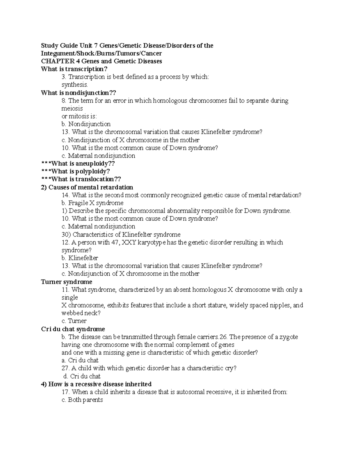 UNIT 7 Study Guide - nnhj - Study Guide Unit 7 Genes/Genetic Disease ...
