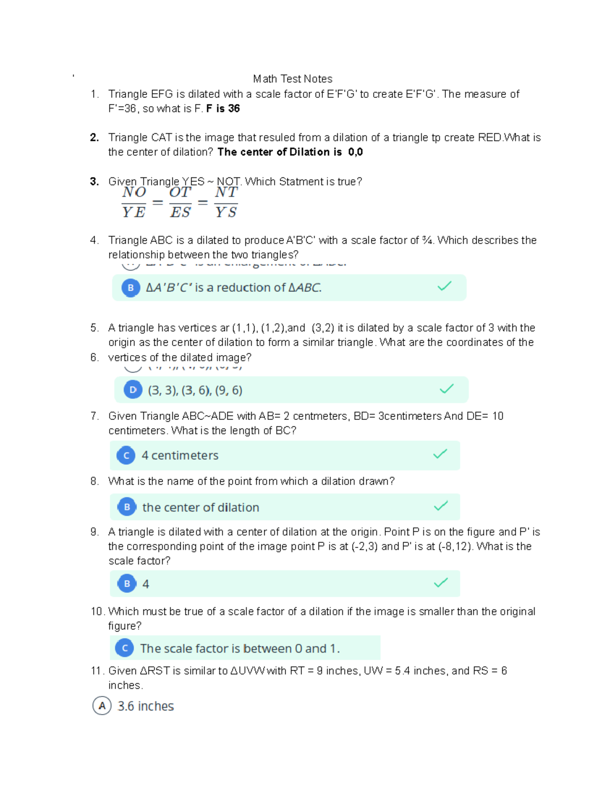Math Test Notes - Triangle EFG is dilated with a scale factor of E’F’G ...