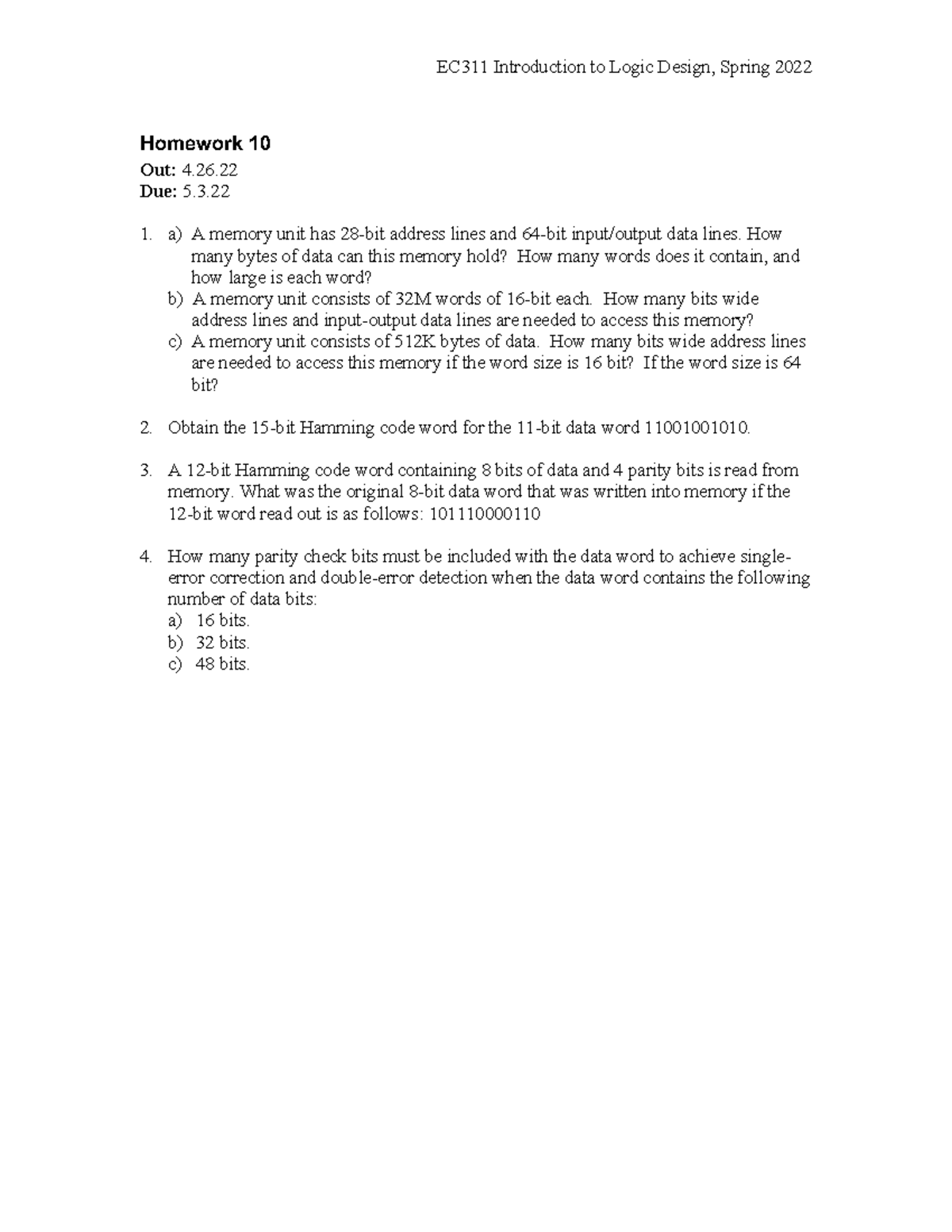 EC311 HW10(10) - Prof. Tali Moreshet - EC311 Introduction to Logic Design, Spring 2022 Homework ...