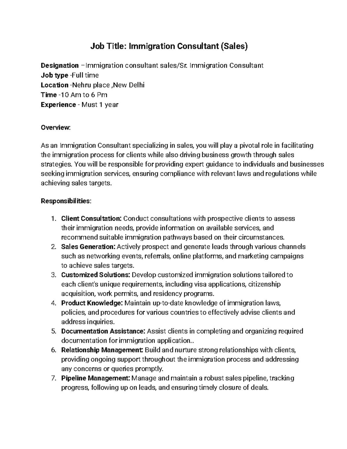 JD for Immigration Consultant - Job Title: Immigration Consultant ...