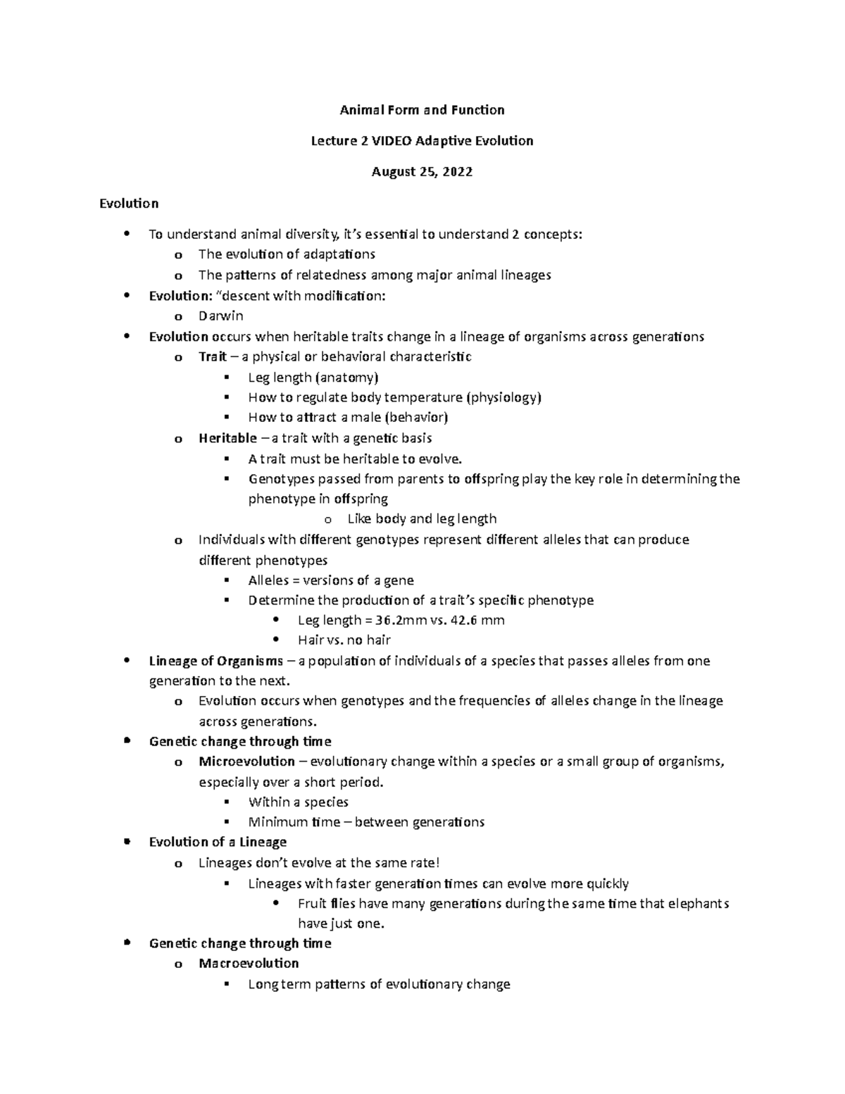 BIOL2371 Lecture 2 Adaptive Evolution - Animal Form and Function ...
