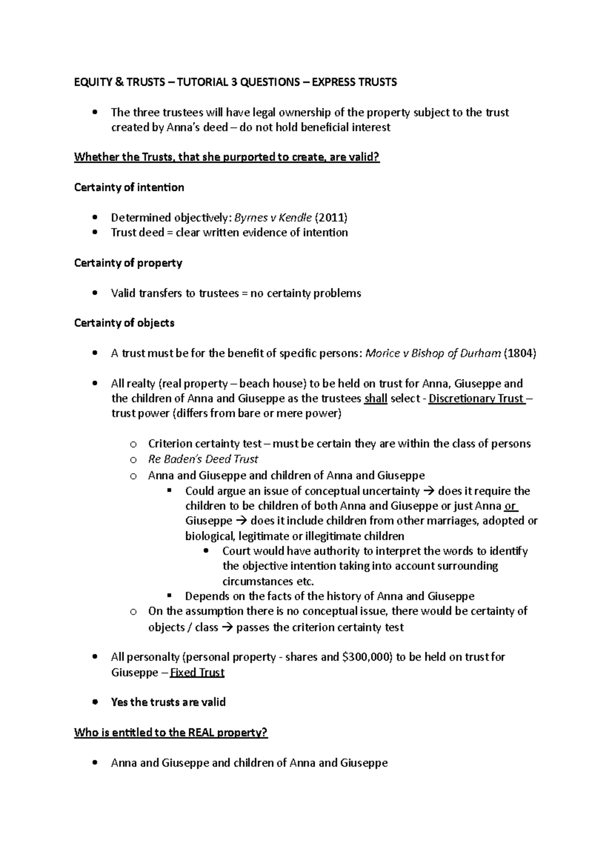 Equity Tutorial 3 - ... - EQUITY & TRUSTS – TUTORIAL 3 QUESTIONS – EXPRESS TRUSTS The three ...