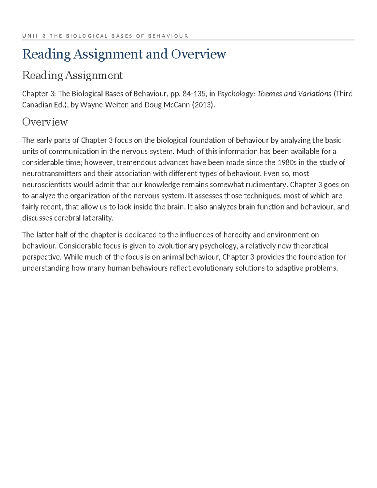 UNIT 3-Reading Assignment - U N I T 3 T H E B I O L O G I C A L B A S E S O F B E H A V I O U R ...