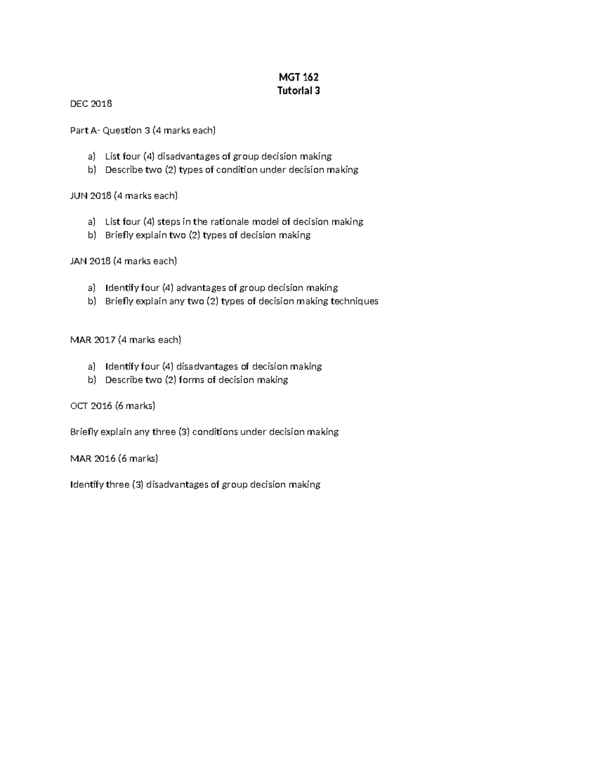 MGT 162 chapter 3 decision making - MGT 162 Tutorial 3 DEC 2018 Part A ...