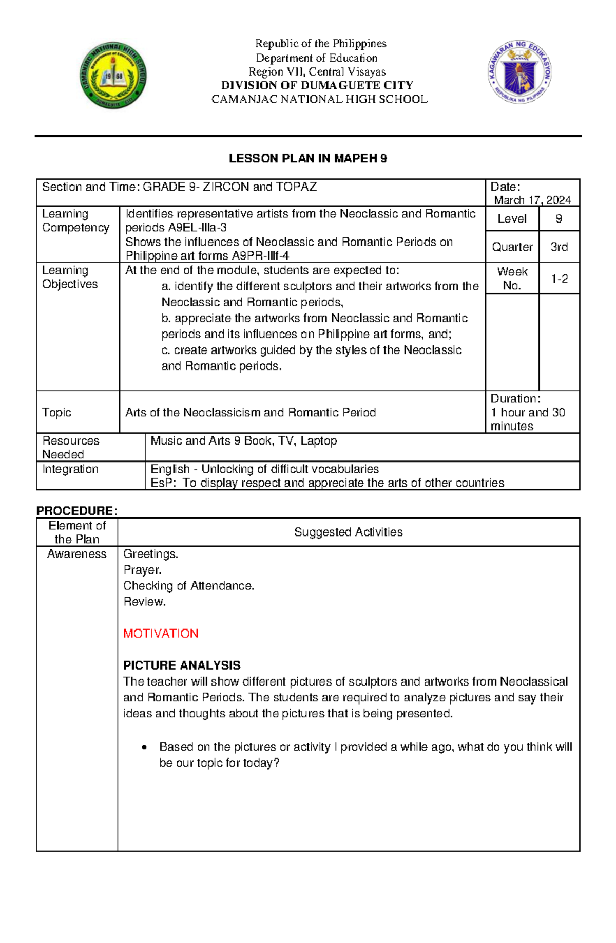 Barbosa G9 Arts Lesson Plan - Republic of the Philippines Department of ...