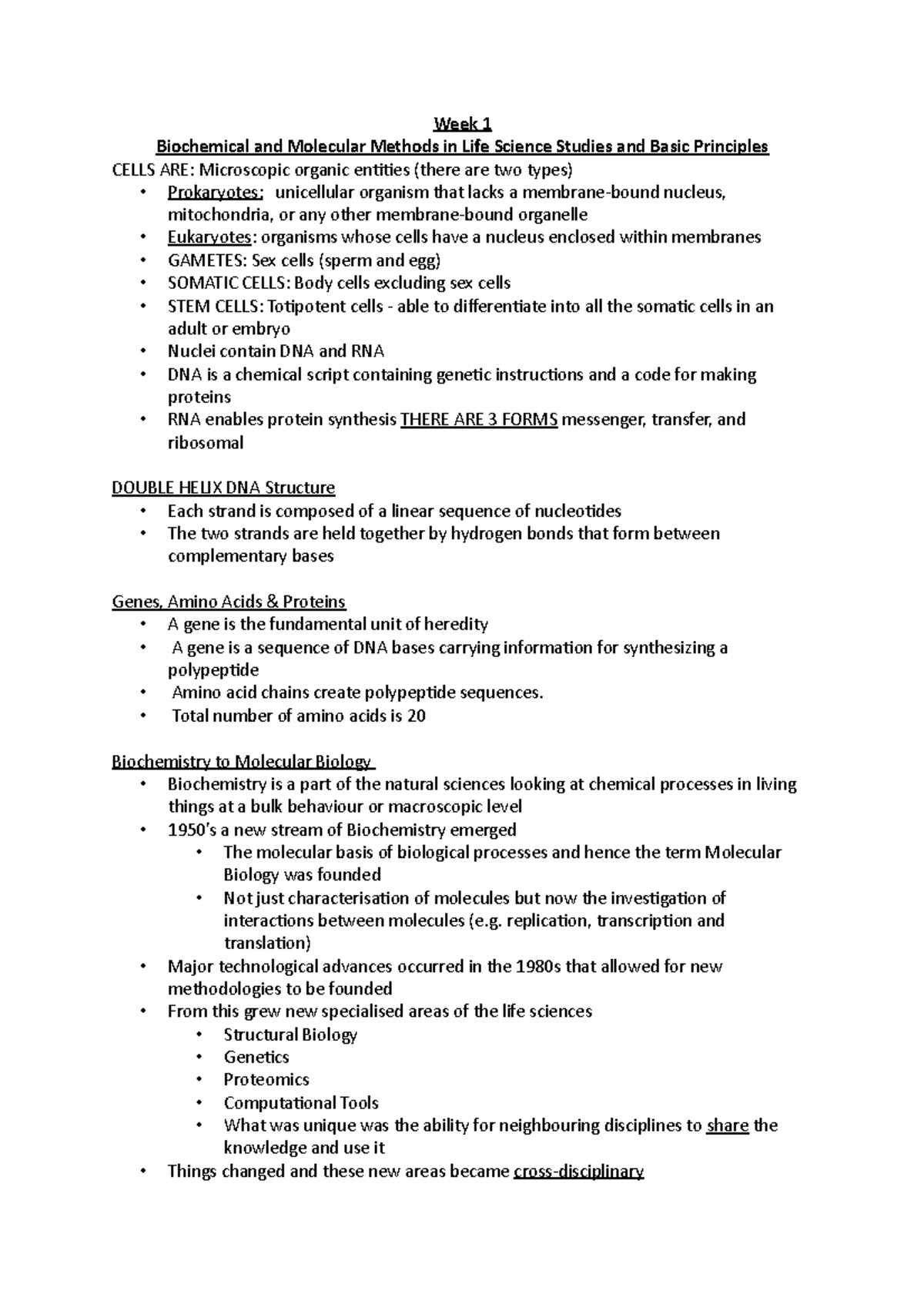 Week 1 - note - Week 1 Biochemical and Molecular Methods in Life ...