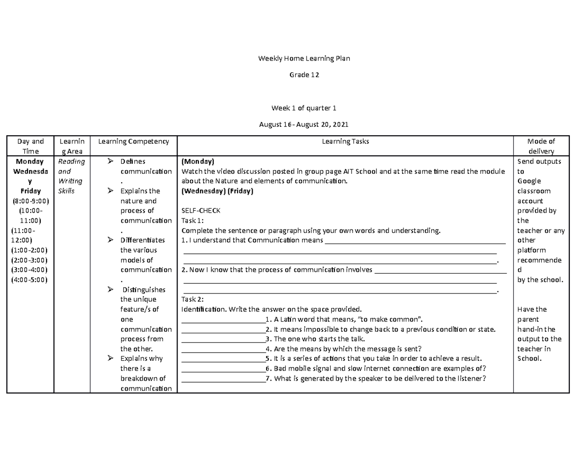 Work Week Plan Oral Com And MIL - Weekly Home Learning Plan Grade 12 ...