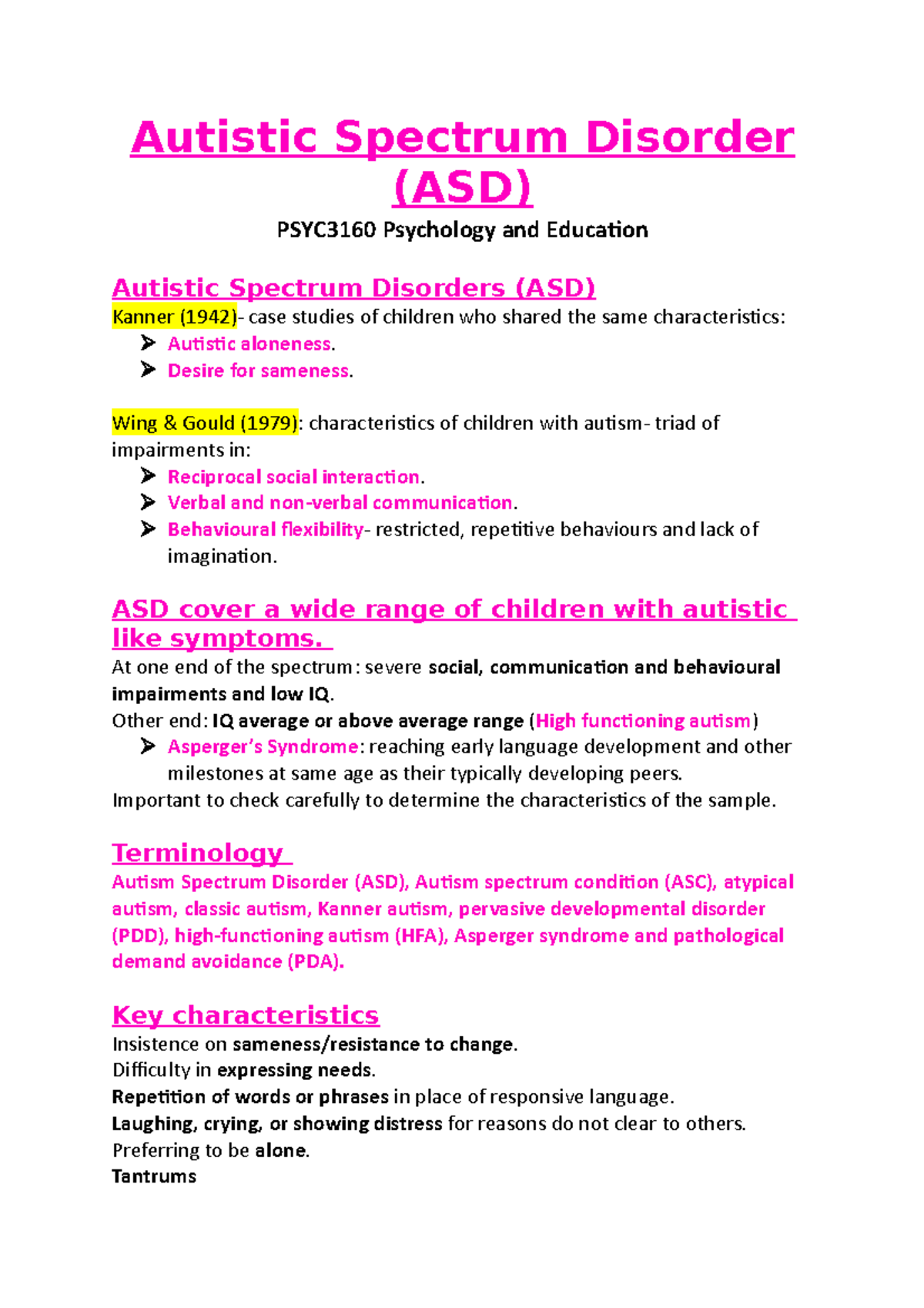Autism Spectrum Disorders Autistic Spectrum Disorder ASD PSYC3160