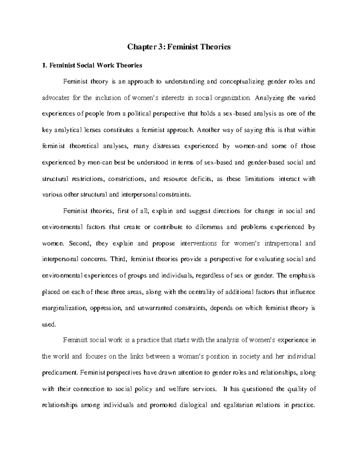 Chapter 3 - notes - Chapter 3: Feminist Theories Feminist Social Work ...