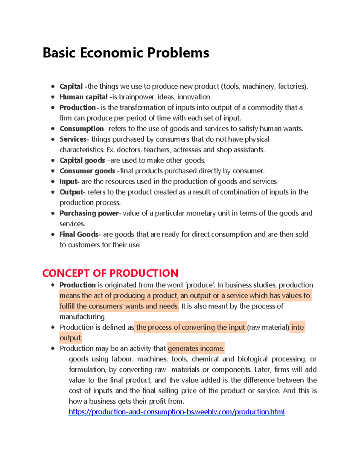 Basic Economic Problems - Basic Economic Problems CONCEPT OF PRODUCTION ...