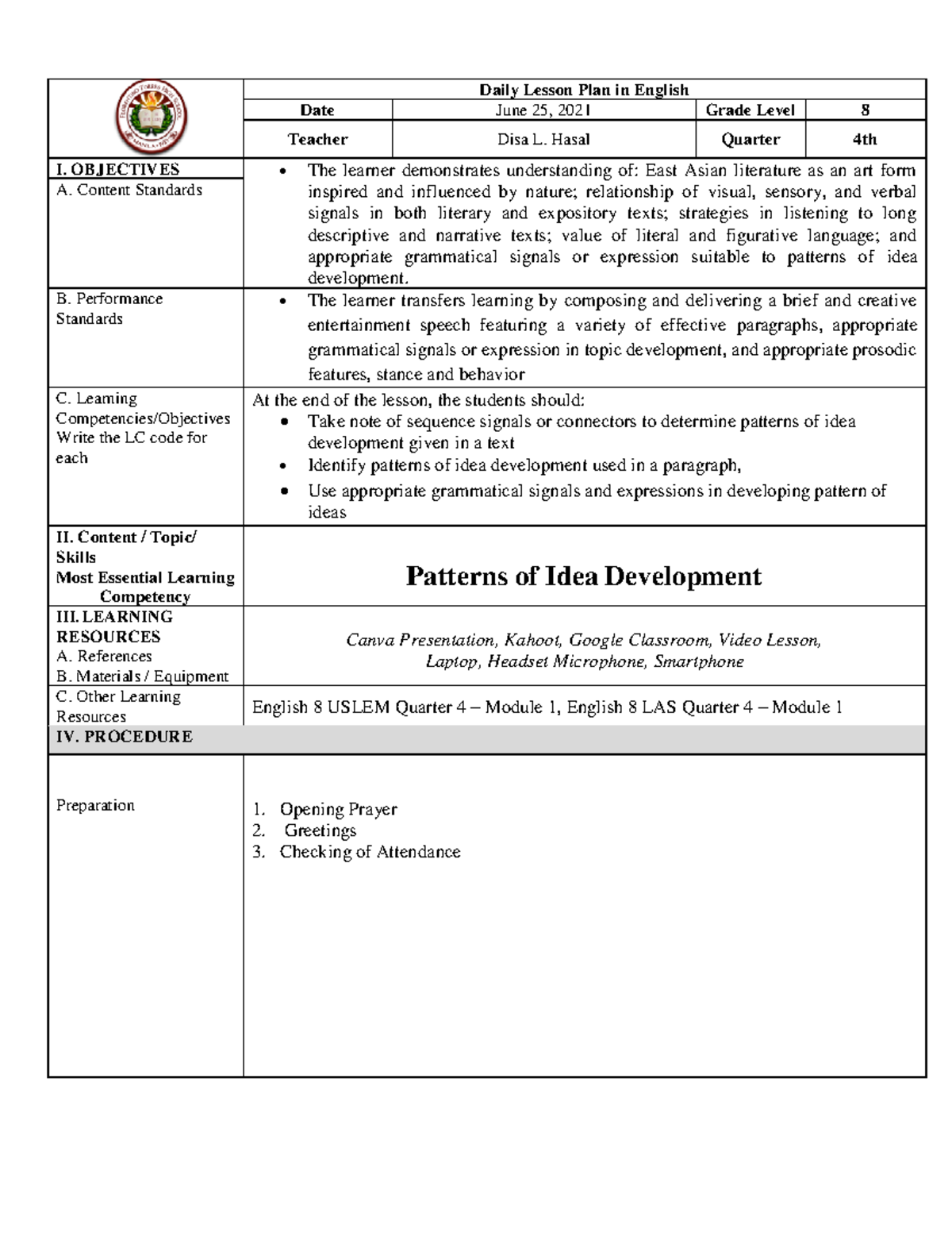 Daily Lesson Plan Junior High Daily Lesson Plan In English Date