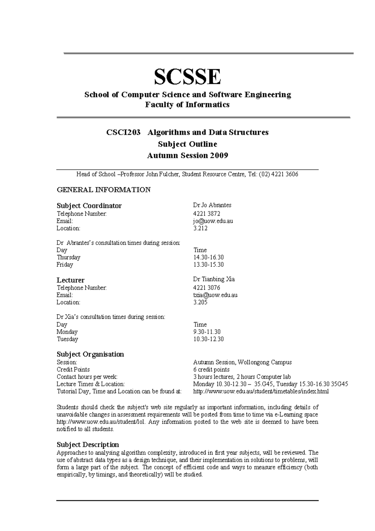 Uow055173-2 - Subject Outline 2009 - - Studocu