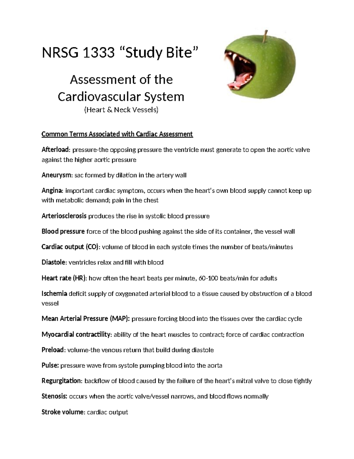 NRSG 1333 Study Bite Cardiovascular System Homework Sheet-COmplete ...