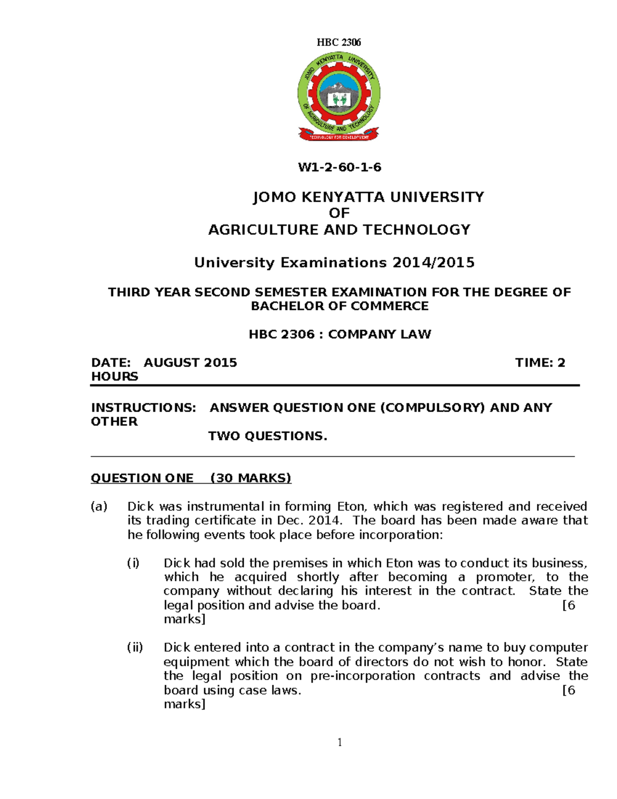 HBC 2306 Company LAW - student practice - HBC 2306 W1-2-60-1- JOMO ...