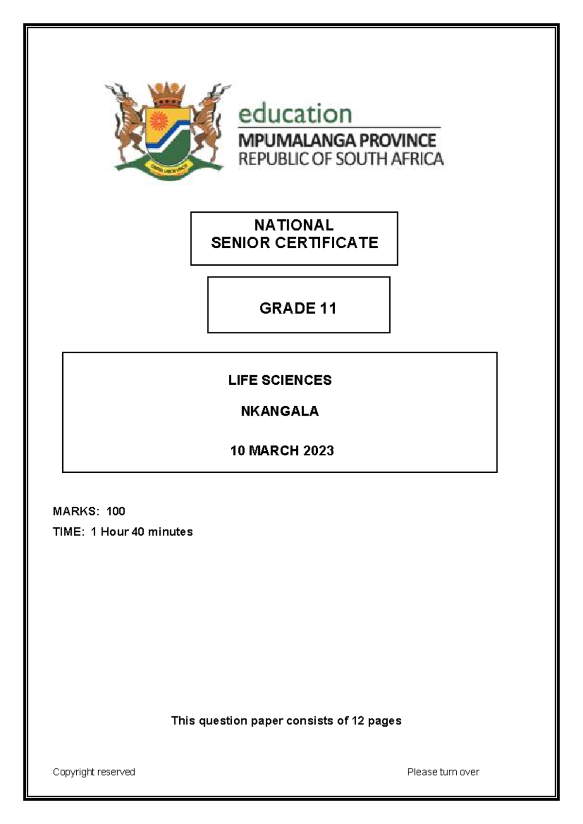 Grade 11 LIFE Sciences Controlled TEST 1-10 March 2023 - MARKS: 100 ...