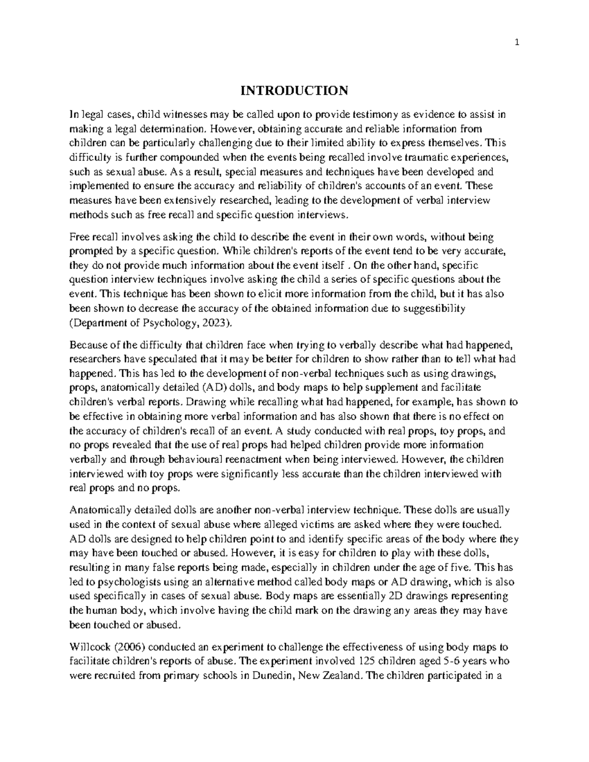 Child witness mini lab report - INTRODUCTION In legal cases, child ...