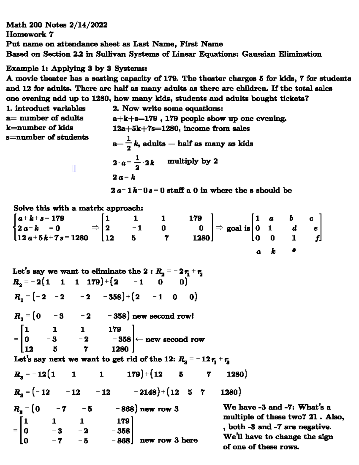 Math 200 notes 2 14 2022 - gaussian elimination, several examples ...