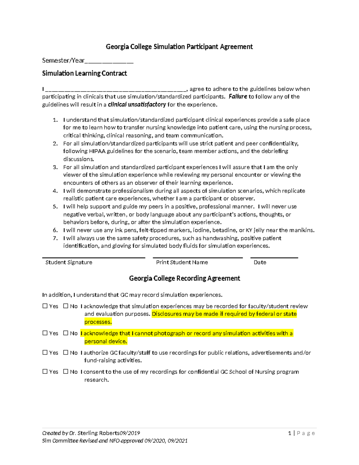 Simulation Participant Agreement Form 2023 - Georgia College Simulation ...