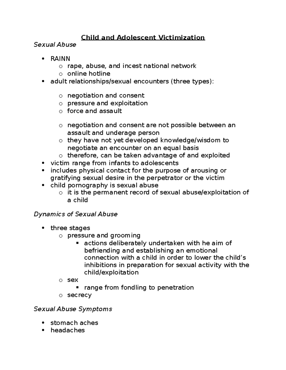 SOCI 425 3:2 - lecture notes - Child and Adolescent Victimization ...