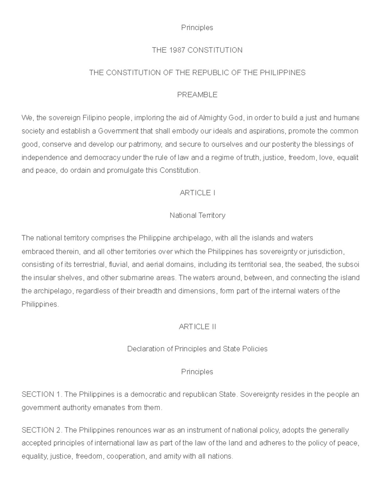 1987 Philippine Constitution - Principles THE 1987 CONSTITUTION THE ...