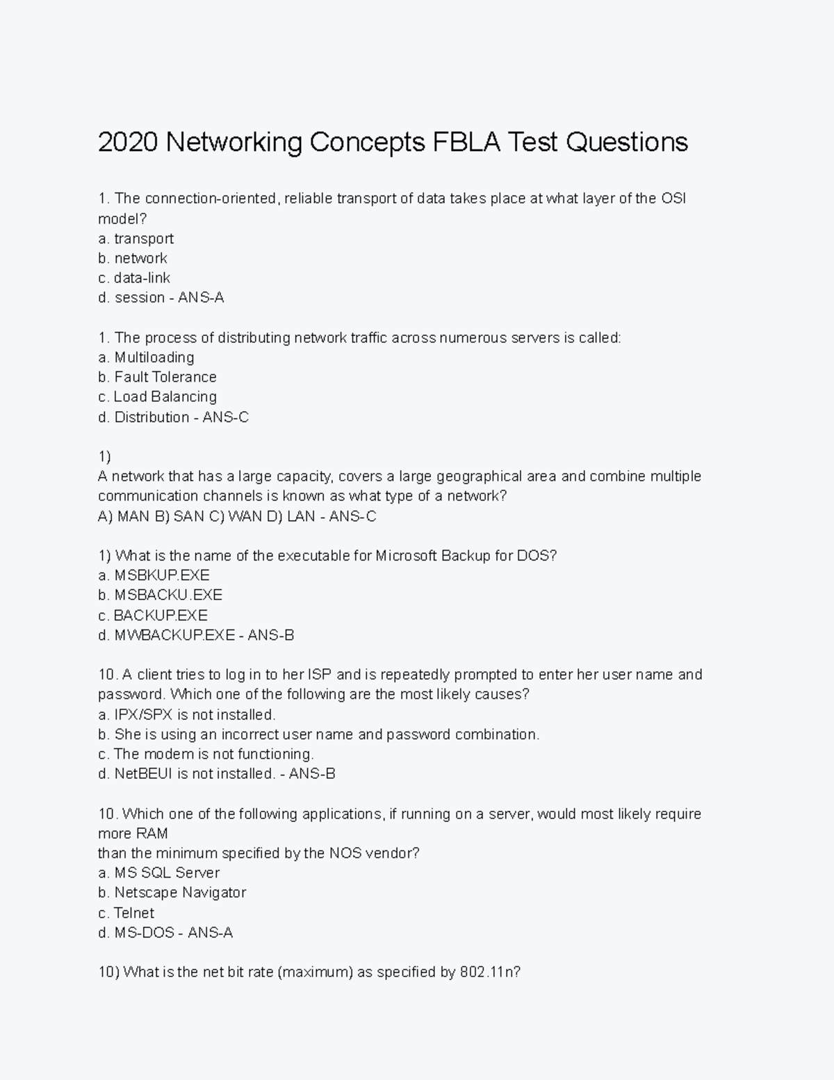 2020 Networking Concepts FBLA Test Questions - 2020 Networking Concepts ...