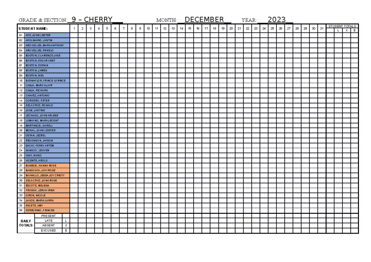 Monthly Attendance Forms - GRADE & SECTION: 9 – CHERRY___ MONTH ...