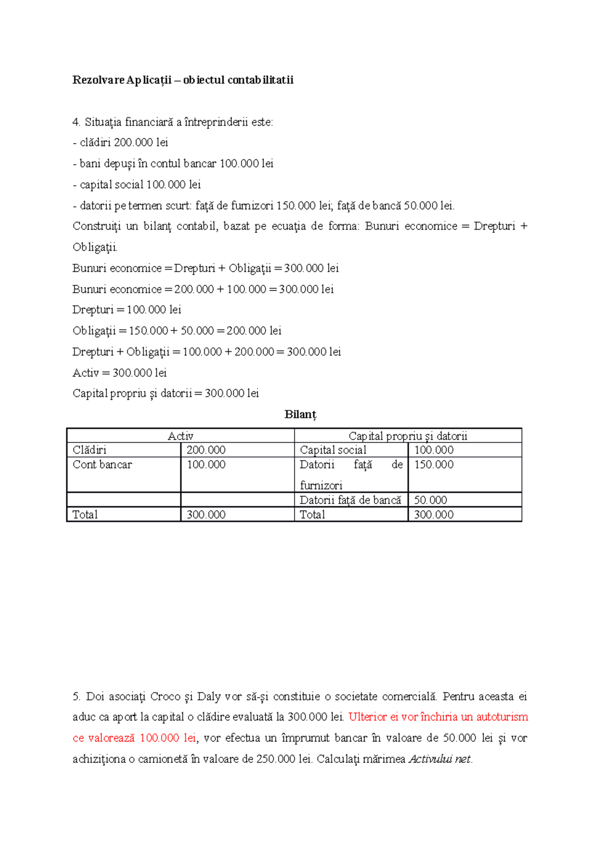 Obiectul contabilitatii -aplicatii rezolvate - Rezolvare Aplicații ...