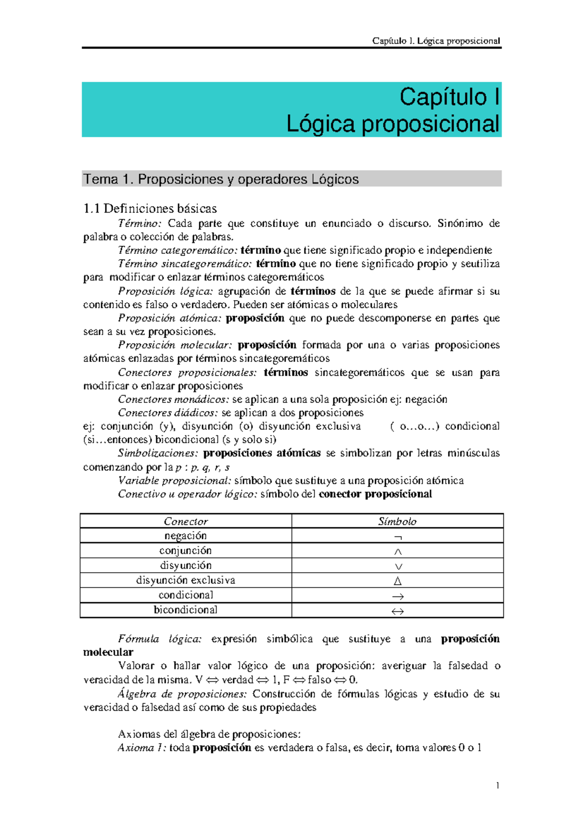 Logica - Proposiciones Lógicas - Capítulo I Lógica proposicional Tema 1 ...