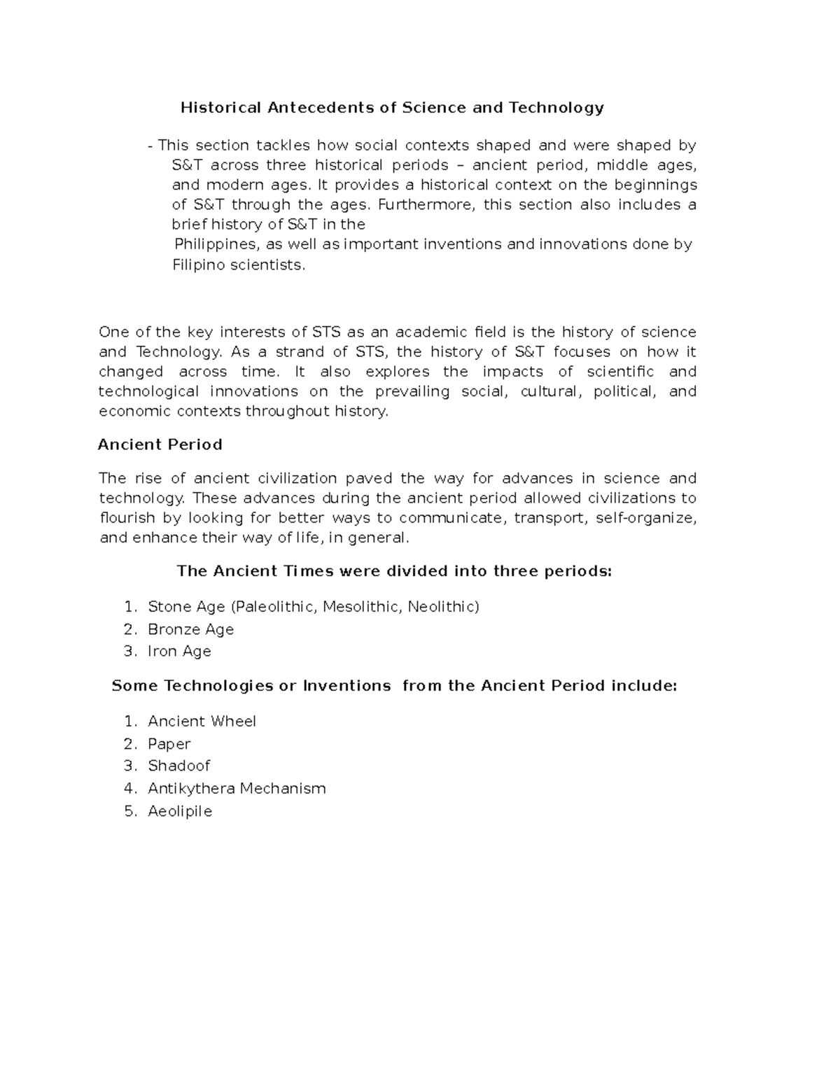 Historical Antecedents of Science and Technology - It provides a ...