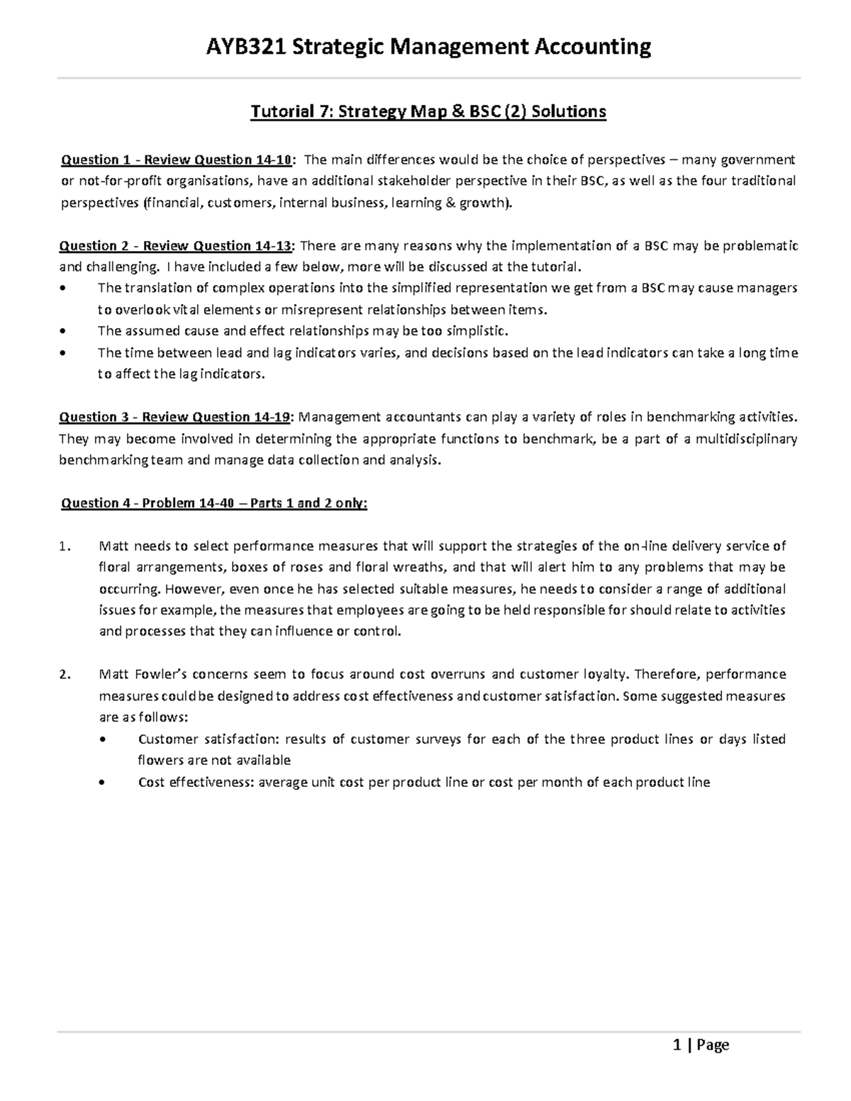 Tutorial 7 BB Solutions AYB321 - AYB321 Strategic Management Accounting ...