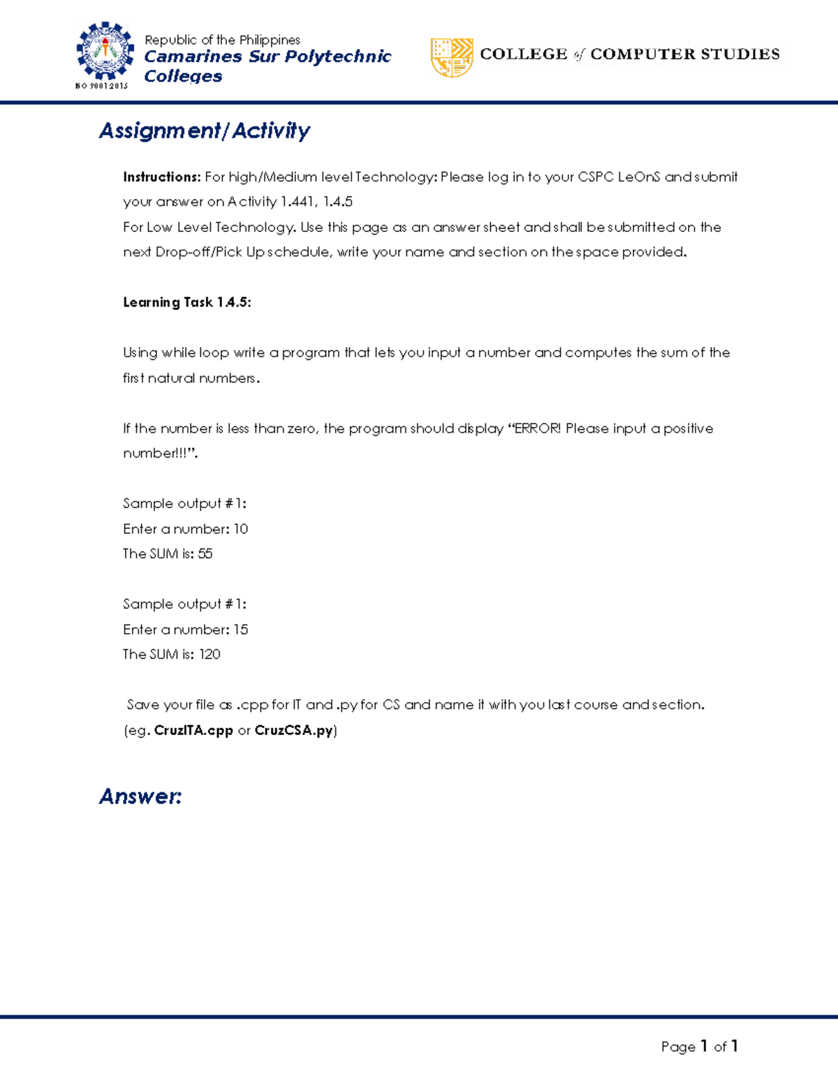 Module - 1.4 - Activity 1 - Assignment/Activity Instructions: For high ...