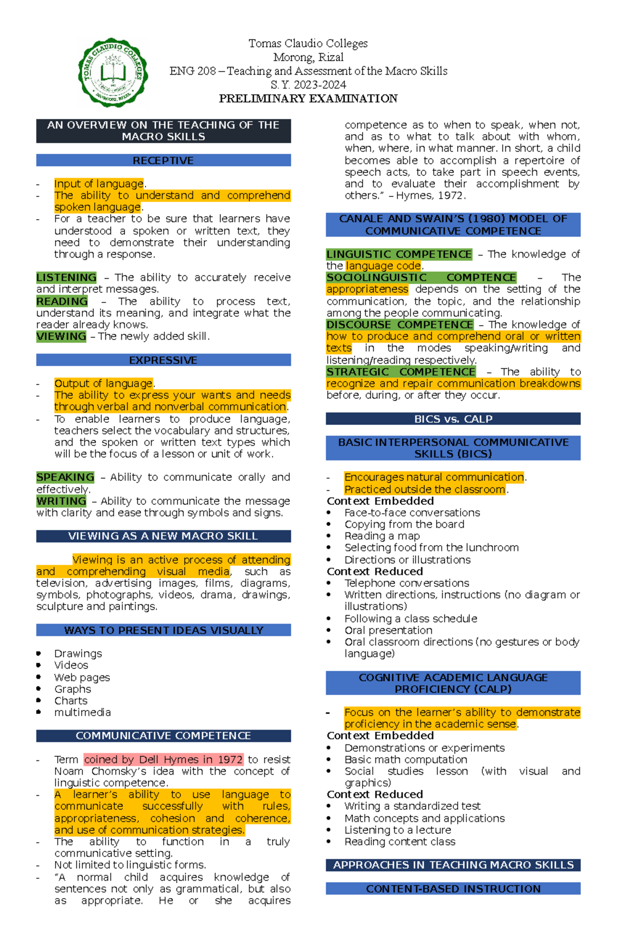 ENG208- Prelim- Reviewer - Tomas Claudio Colleges Morong, Rizal ENG 208 ...