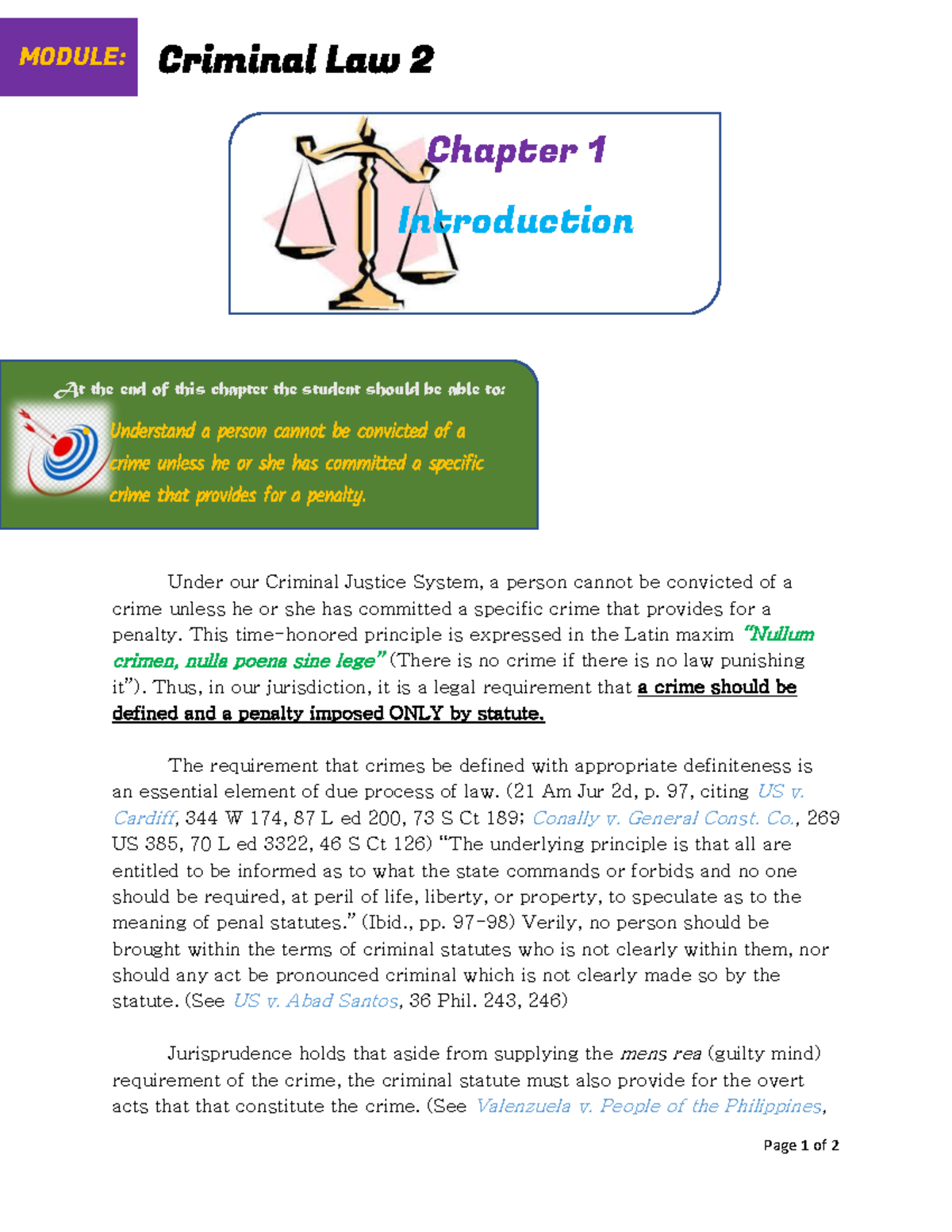 Chapter 1 - Introduction - Page 1 of 2 MODULE: Criminal Law 2 Under our ...