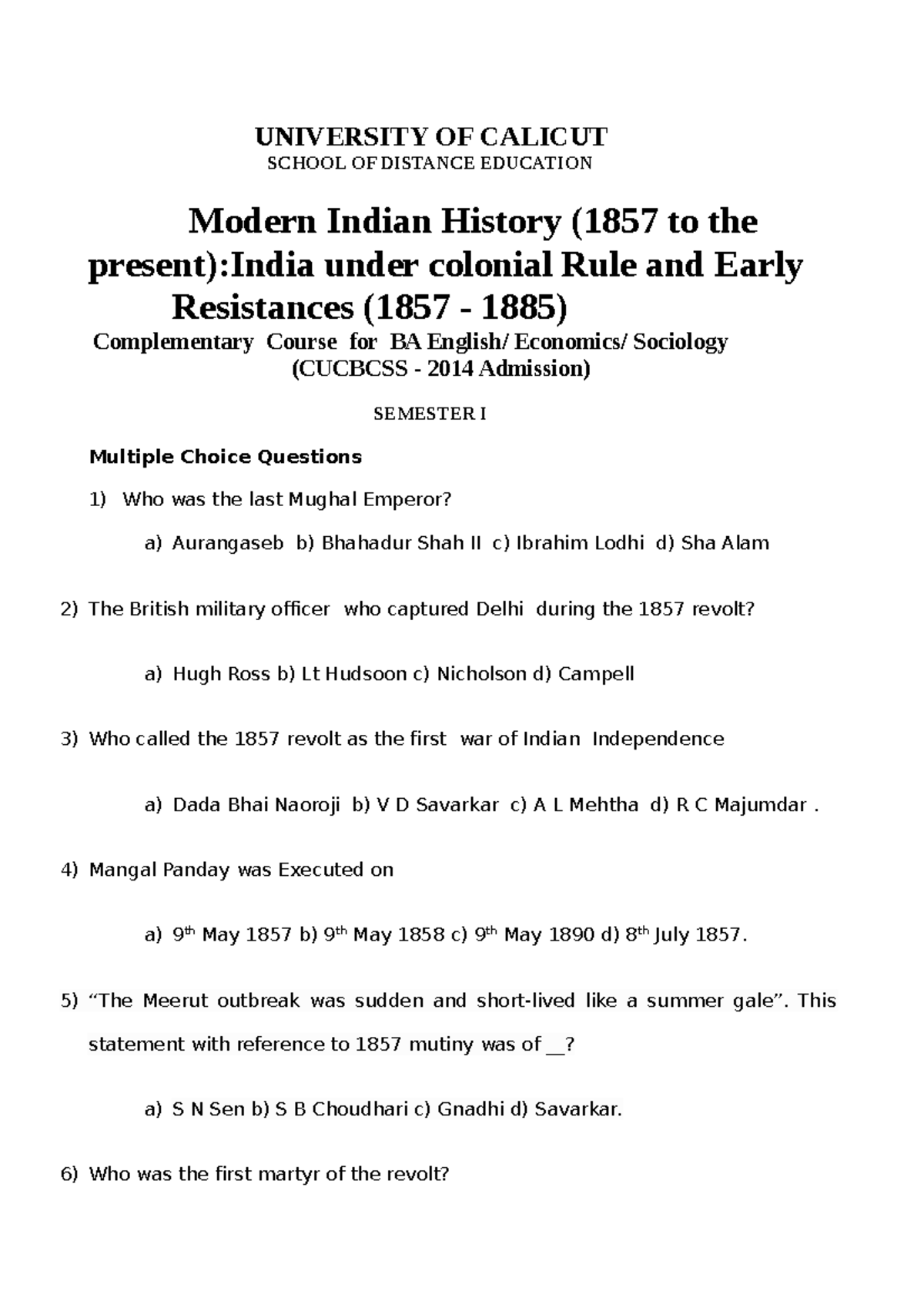 Modern India History (1857TO ROLE AND Early Resistance BA, History ...
