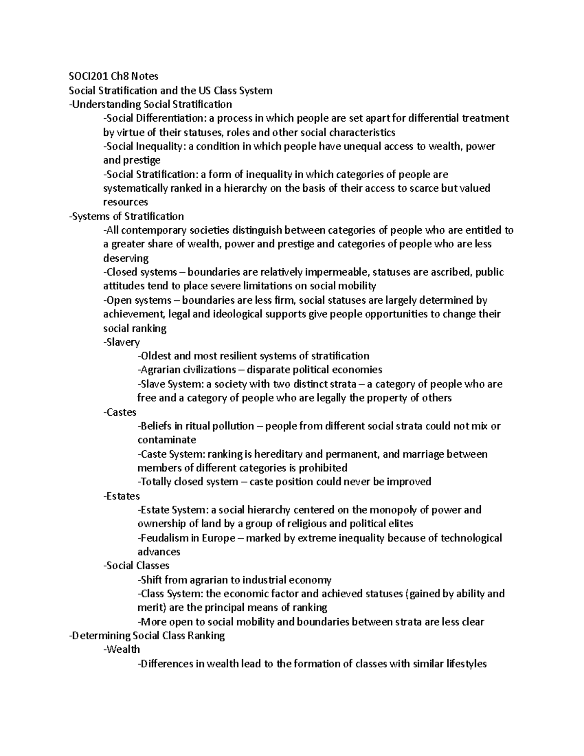 SOCI201 Ch8 Notes - SOCI201 Ch8 Notes Social Stratification and the US ...