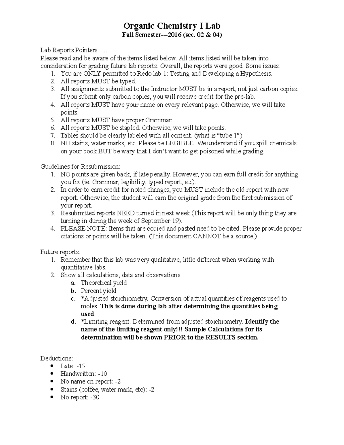 Lab Reports Pointers - Organic Chemistry I Lab Fall Semester-2016 (sec ...