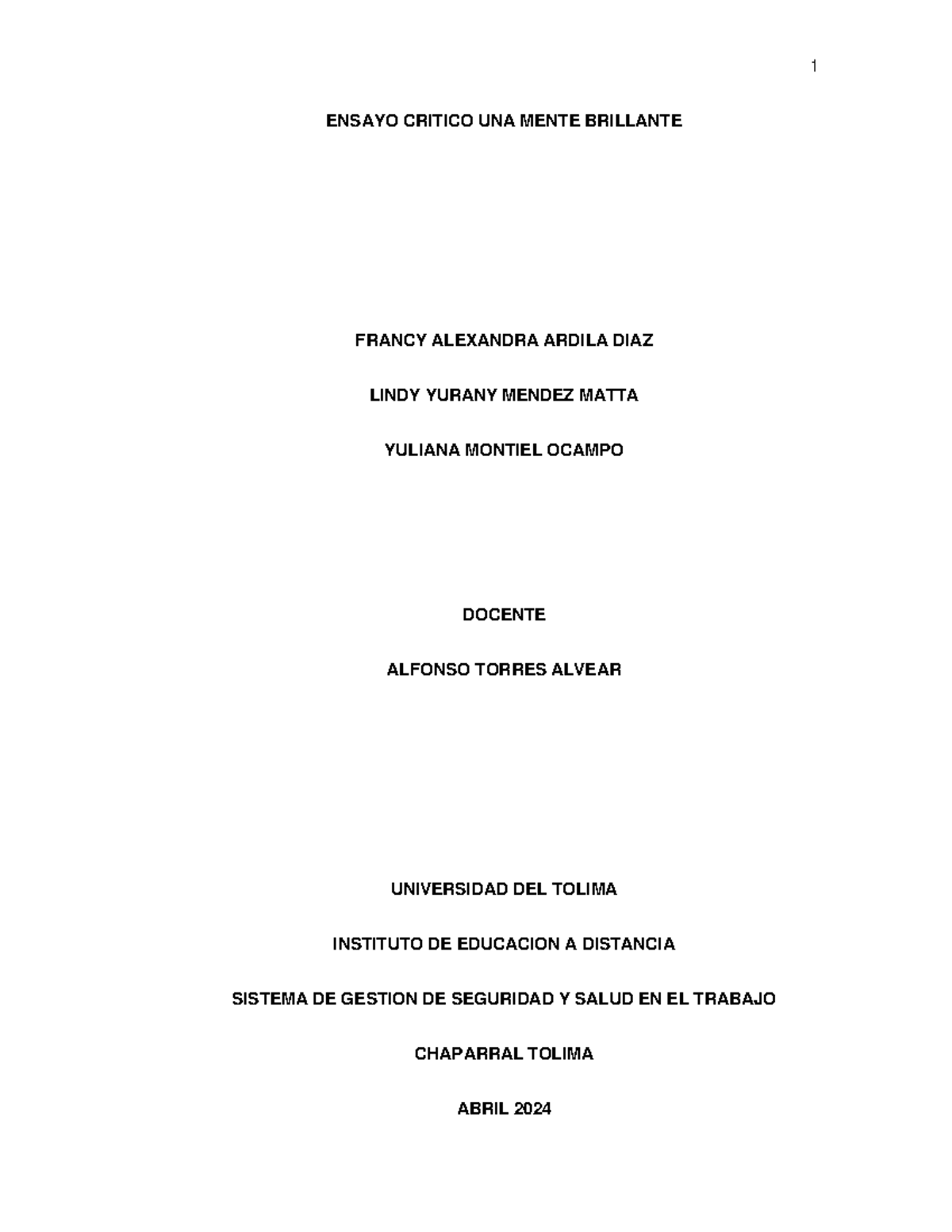 UNA Mente Brillante Ensayo Critico - ENSAYO CRITICO UNA MENTE BRILLANTE ...
