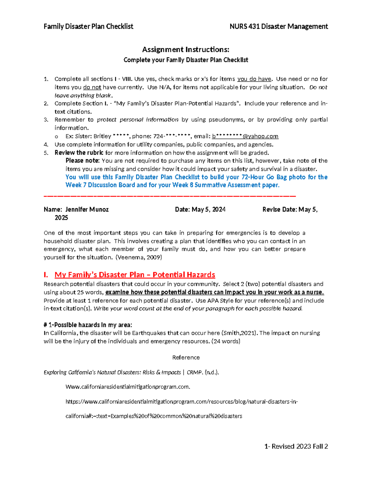 Family Disaster Plan Checklist Revised Summer 2023 Fall 2 - Assignment ...
