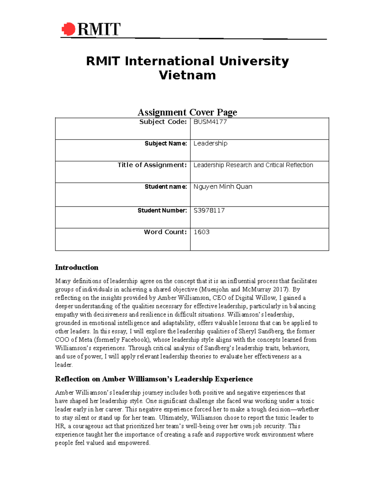 Leadership ASM2 - RMIT International University Vietnam Assignment ...